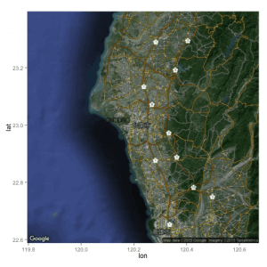 R 的 ggmap 套件：繪製地圖與資料分佈圖，空間資料視覺化 – G. T. Wang